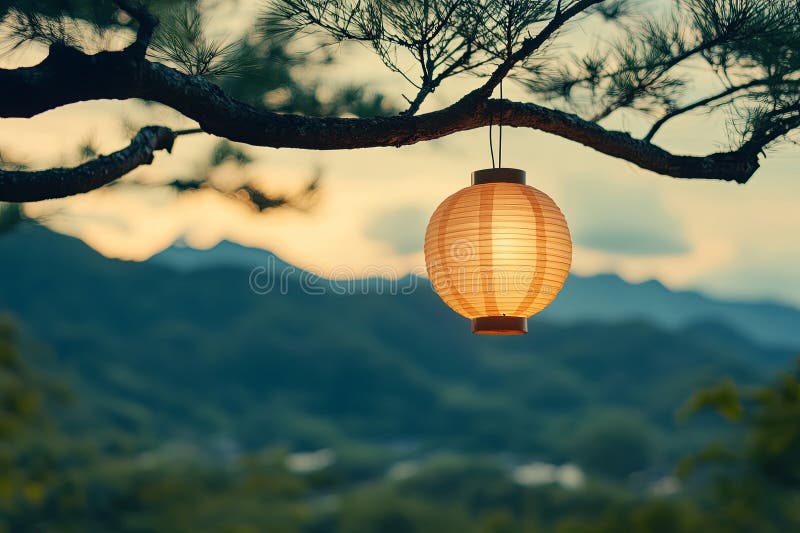 A Single Paper Lantern Hanging from a Tree Branch Styled with a Stock ...