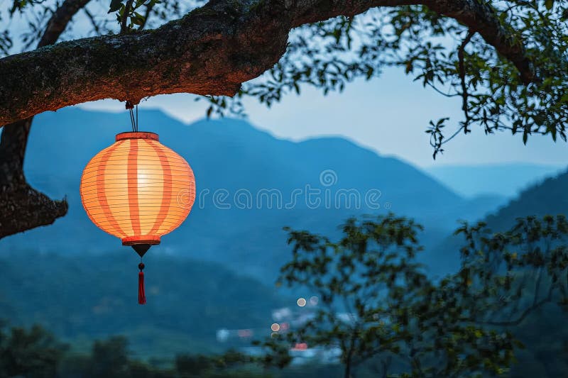 A Single Paper Lantern Hanging from a Tree Branch Styled with a Stock ...