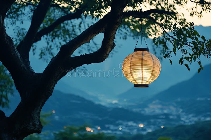 A Single Paper Lantern Hanging from a Tree Branch Styled with a Stock ...