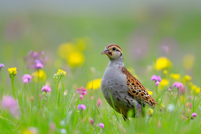 Single Partridge Bird between Green Grass and Wildflowers Stock ...