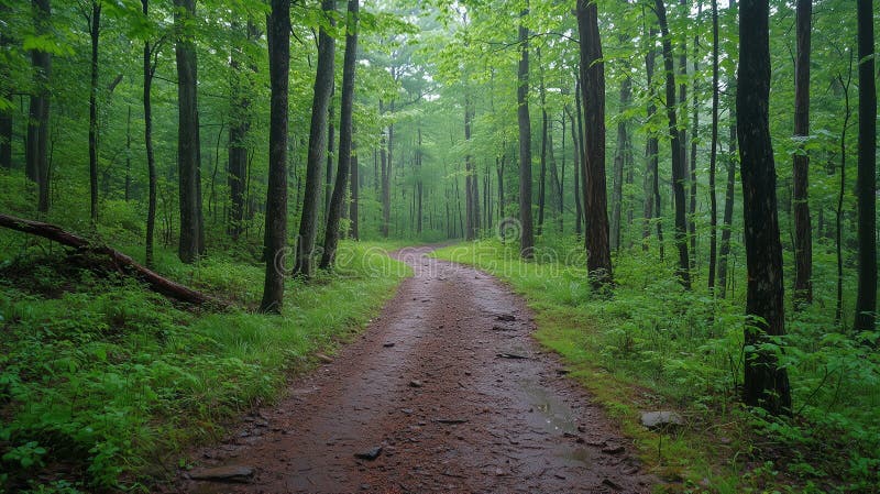 Single Path and Trail through Lush Green Forest, with Trees and Bush on ...
