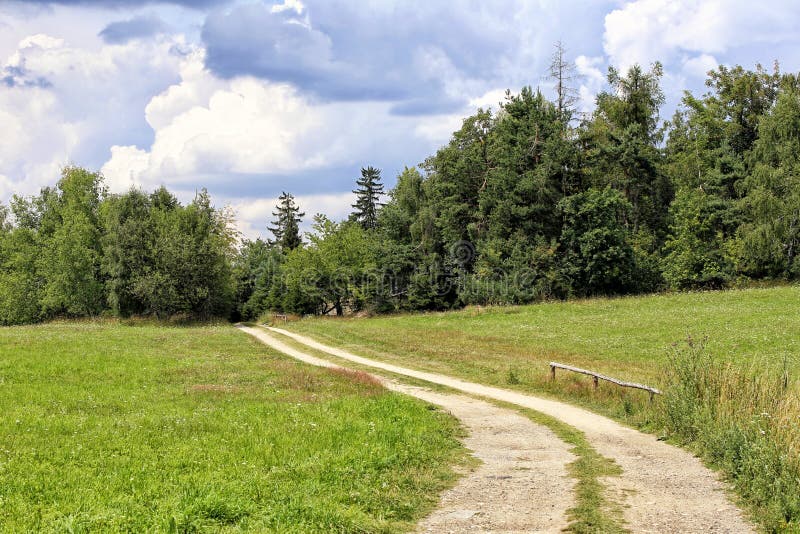 Single Path with Two Tracks in the Meadows with Cloudy Sky in Summer ...