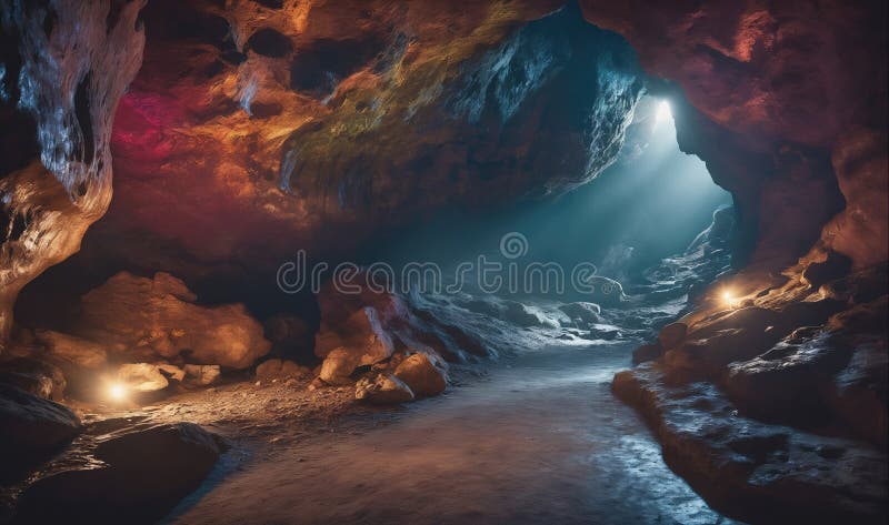 A Narrow Pathway Winds through a Dark Cave, Illuminated by Faint Lights ...