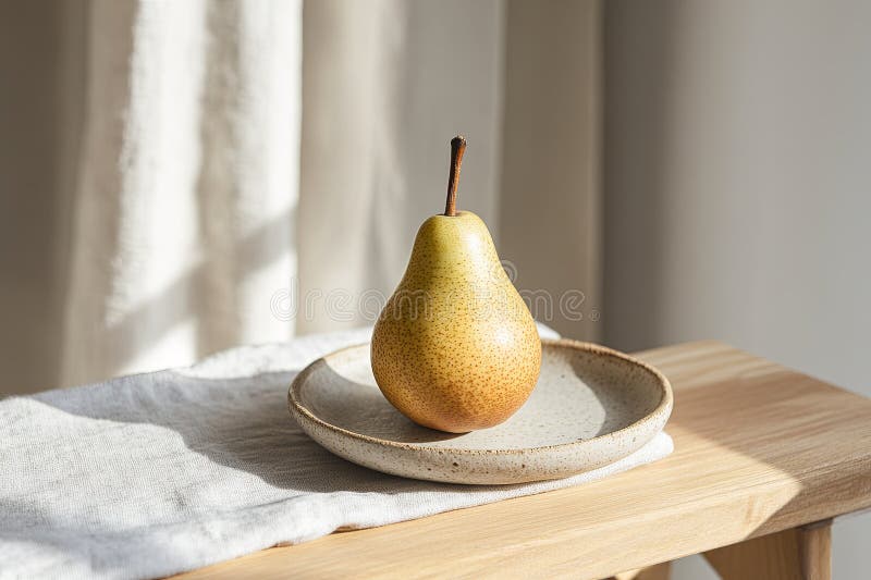 A Single Pear Placed on a Ceramic Plate Styled on a Light Wooden Bench ...