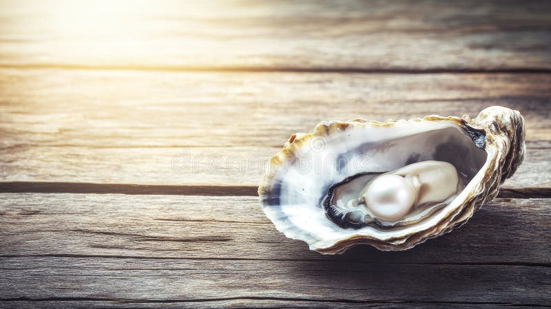 Single Pearl Inside an Open Oyster Shell Resting on a Rustic Wooden ...