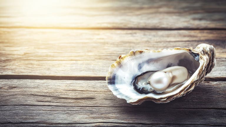 Single Pearl Inside an Open Oyster Shell Resting on a Rustic Wooden ...