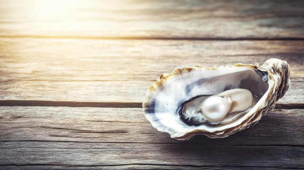 Single Pearl Inside an Open Oyster Shell Resting on a Rustic Wooden ...