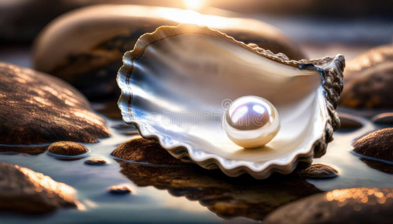 Single Pearl Inside an Oyster Shell on a Rocky Surface with Sunlight ...