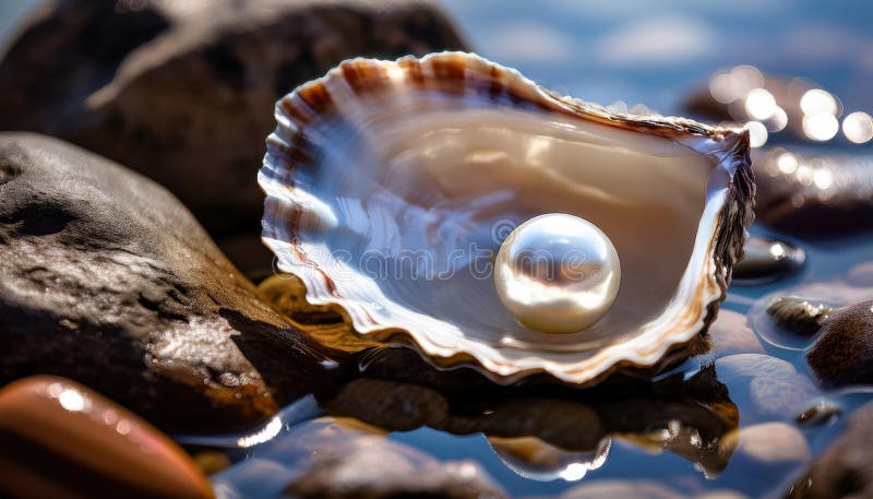 Single Pearl Nestled in an Open Seashell Surrounded by Wet Stones and ...