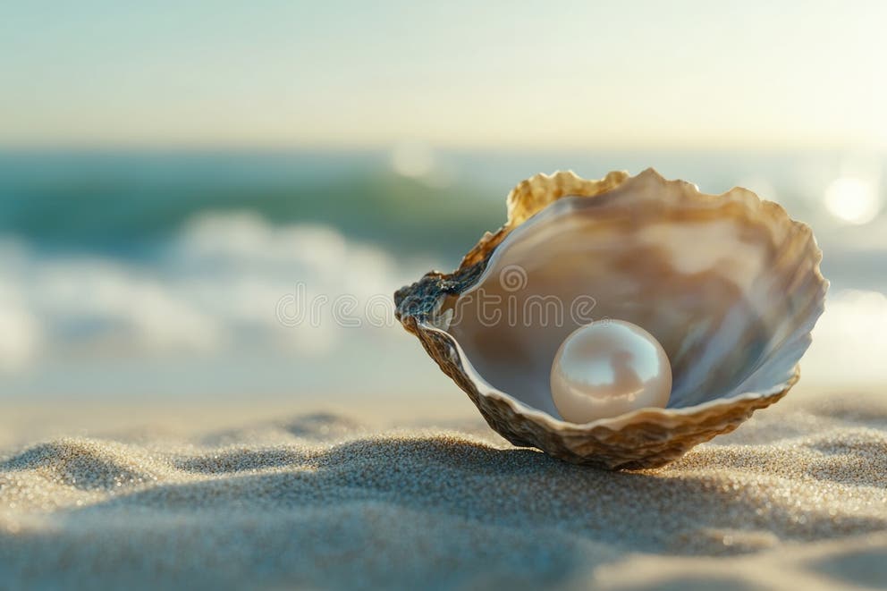 A Single Pearl Sits Inside a Shell on a Sandy Beach Stock Photo - Image ...