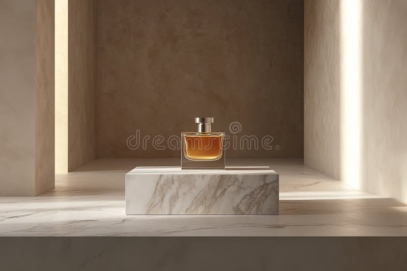 A Single Perfume Bottle Placed on a Marble Stand with Soft Lighting in ...
