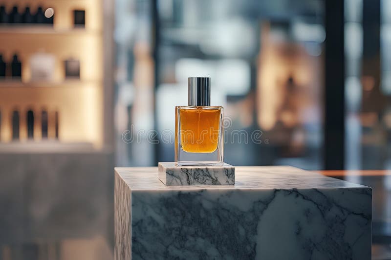 A Single Perfume Bottle Placed on a Marble Stand with Soft Lighting in ...