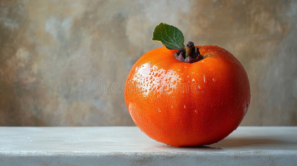 A Single Persimmon with Leaf on a Textured Surface. Stock Photo - Image ...