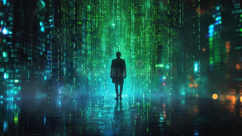 The Single Person Try Searching Something in Digital Matrix Binary Code ...