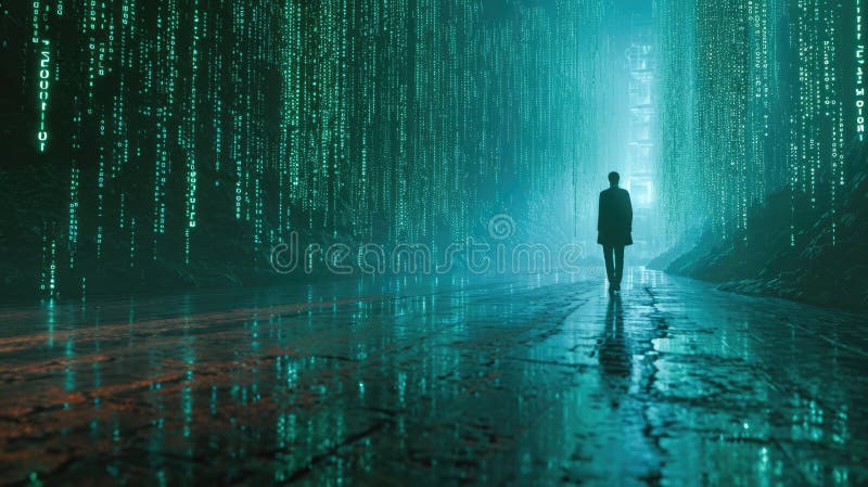 The Single Person Try Searching Something in Digital Matrix Binary Code ...