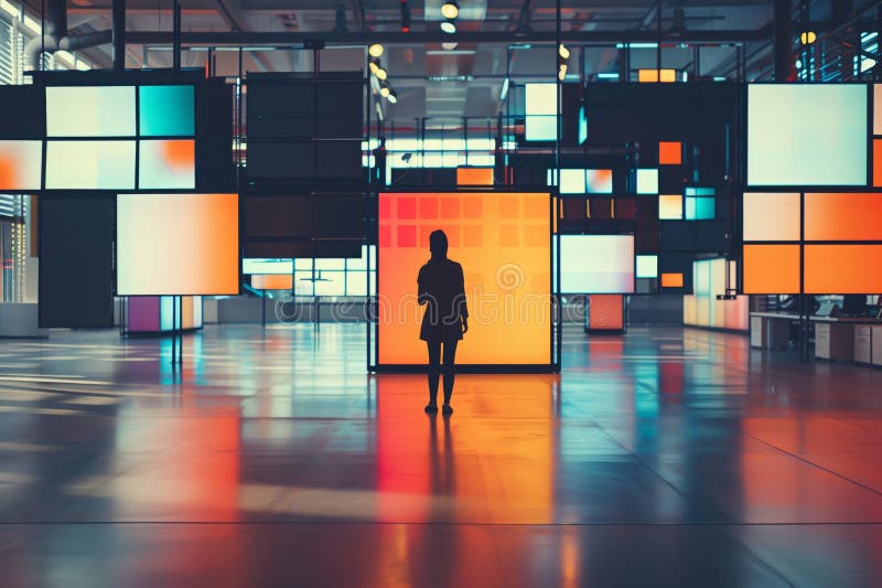 Single Person in a Vast Office Space with Multihued Interactive Screens ...