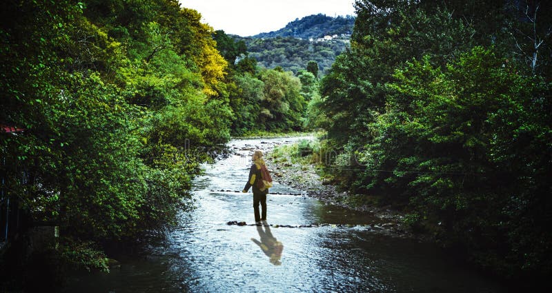 A Single Person Walk Alone on the Wide Nature Landscape Stock Image ...