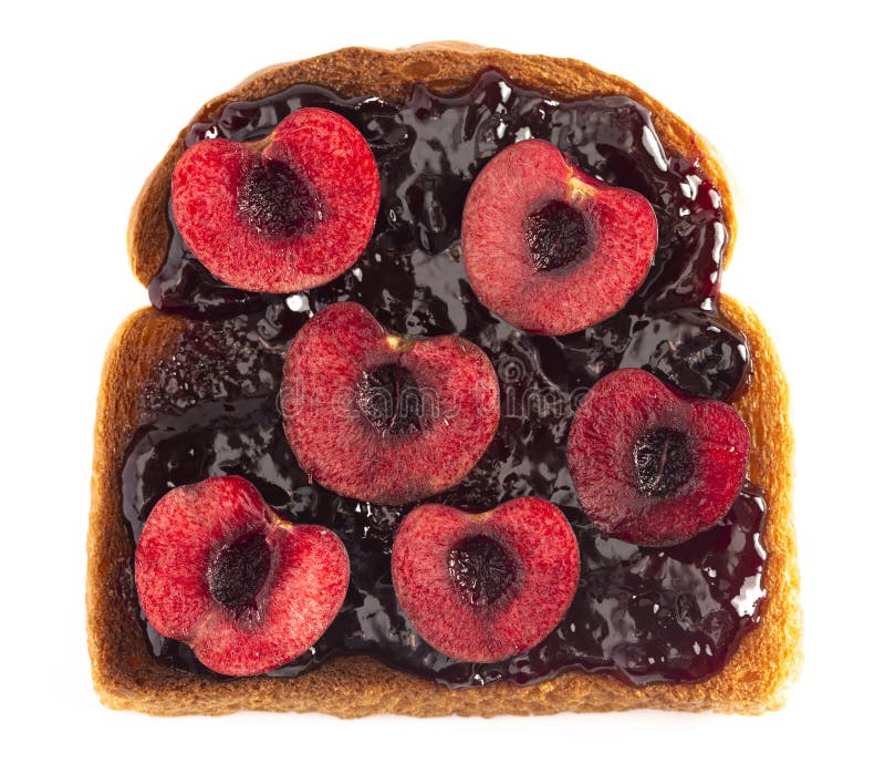 Single Piece of Wheat Bread Toasted with Cherry Jam on a White ...
