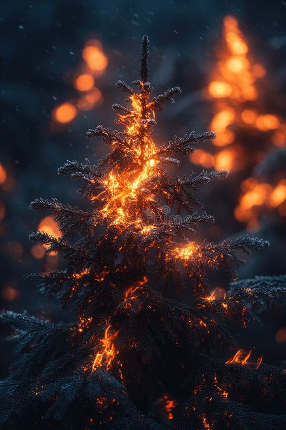 A Single Pine Tree Shines Brightly in Warm Sunlight, with Long Shadows ...