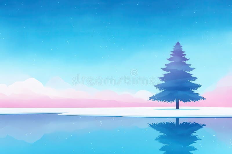 Single Pine Tree on Snowy Landscape with a Serene Blue and Pink Sky ...