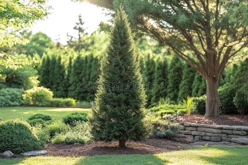 Single Pine Tree Standing on Grass in a Garden Setting at Sunset Stock ...