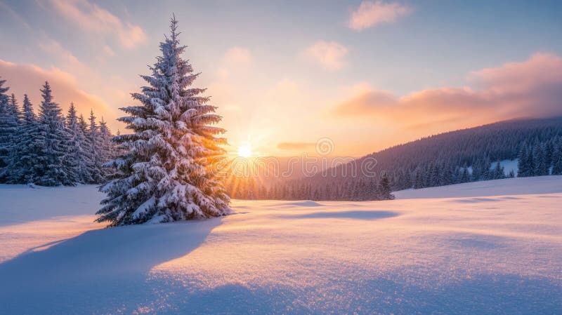 A Single Pine Tree Stands Tall in a Snowy Mountain Landscape at Sunset ...