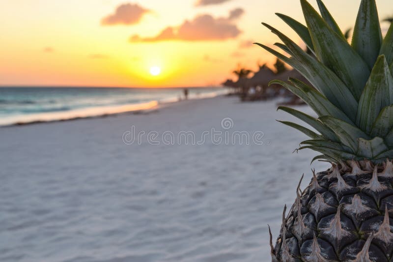 A Single Pineapple Sitting on the Beach at Sunset, with Warm Colors and ...