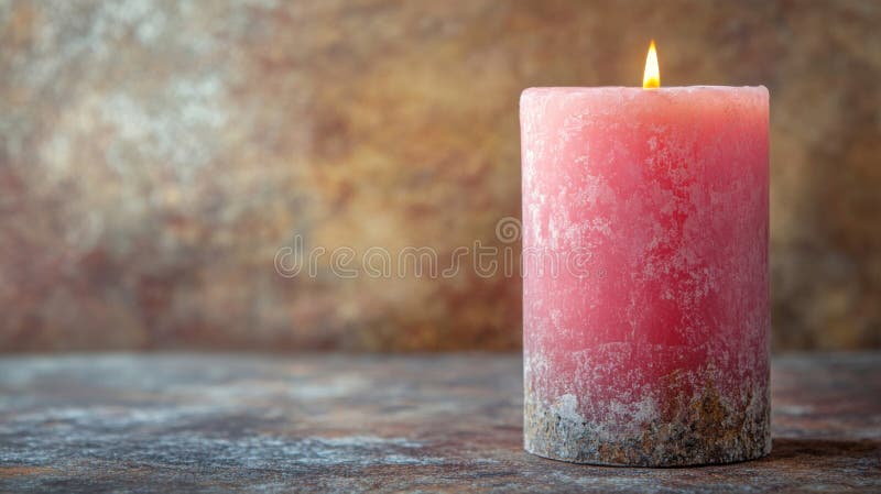 A Single Pink Candle Burning Softly on a Rustic Surface Stock ...