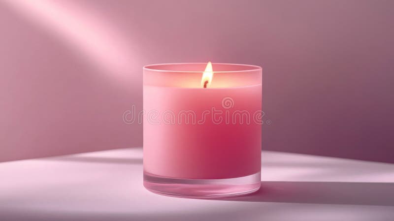 A Single Pink Candle Burns Softly in a Glass Container Stock ...