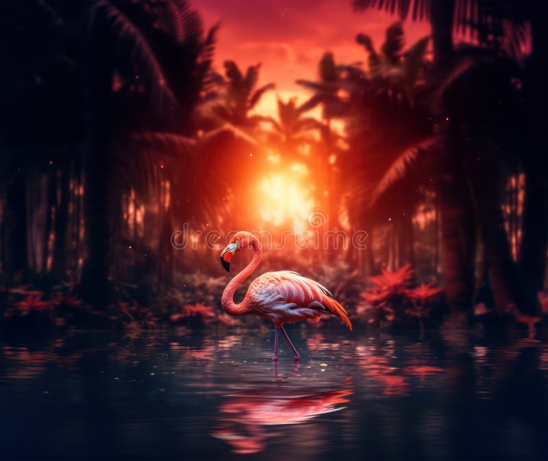 Single Pink Flamingo in Water Against at Sunset Stock Illustration - Illustration of tropical ...