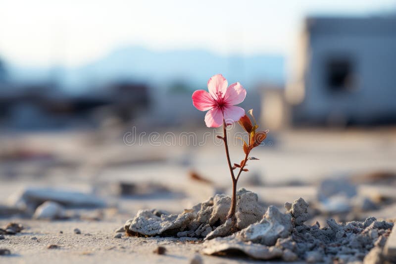 A Single Pink Flower is Growing Out of a Pile of Rubble Stock ...