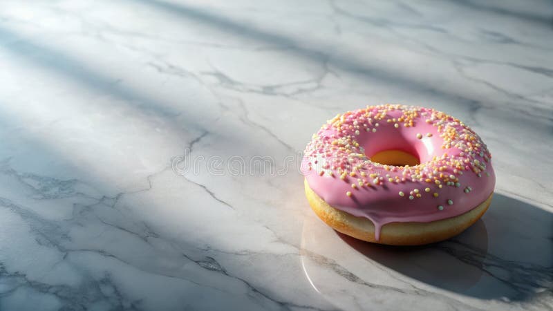 A Single Pink Glazed Donut with Sprinkles Rests on a Marble Surface ...