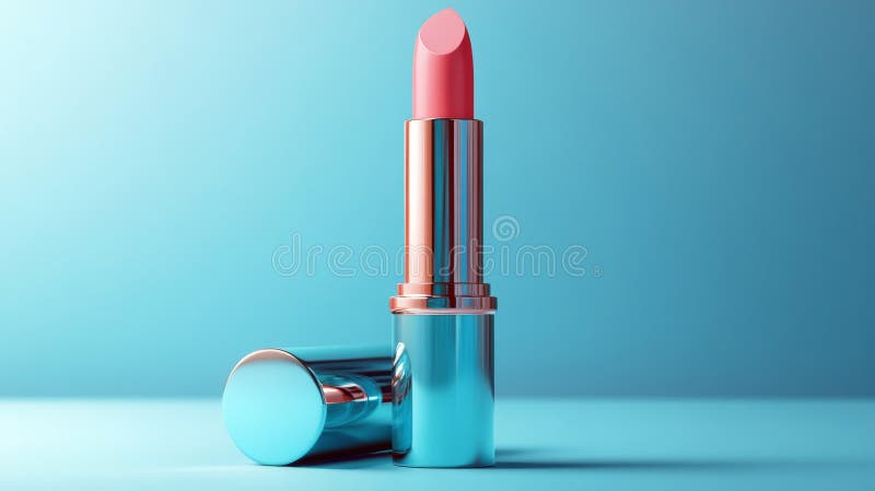 Single Pink Lipstick in Metallic Tube with Smooth Surface Against Blue ...
