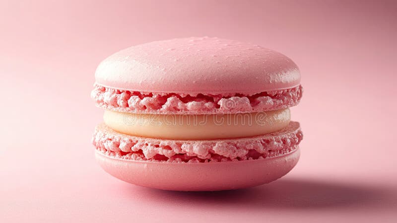 A Single Pink Macaron with Creamy Filling on a Pink Background Stock ...
