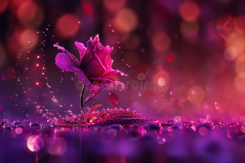 Single Pink Rose Blooming, Water Drops, Magic Light, Purple Background ...