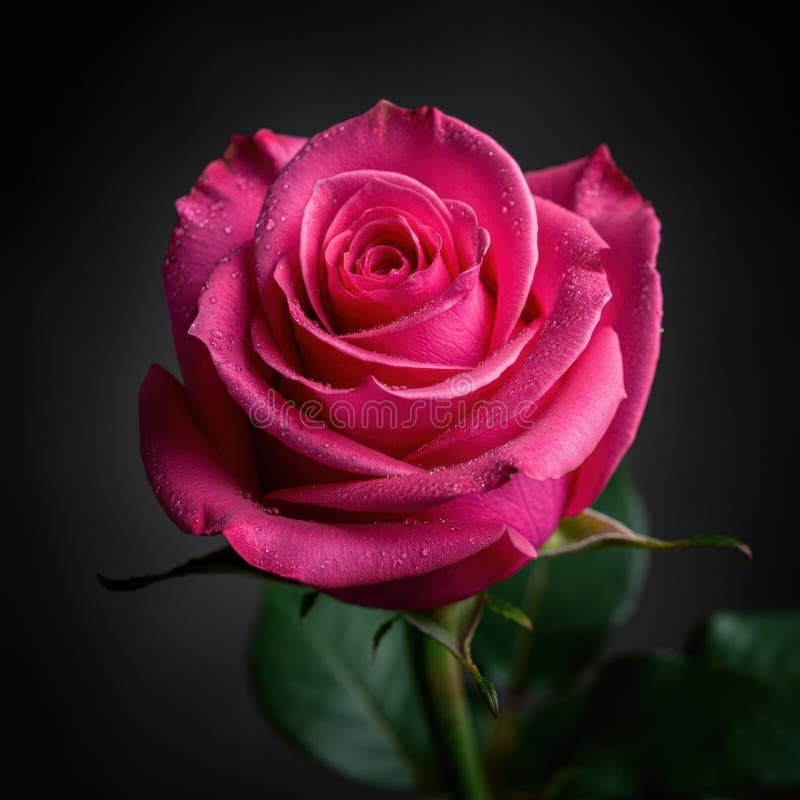 Single Pink Rose with Dew Drops on Black Background. AI-Generated Stock ...