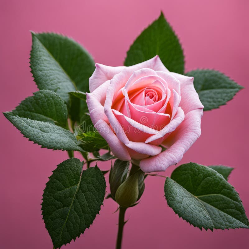 A Single Pink Rose with Leaves and Stems Covered in Dew Stock ...