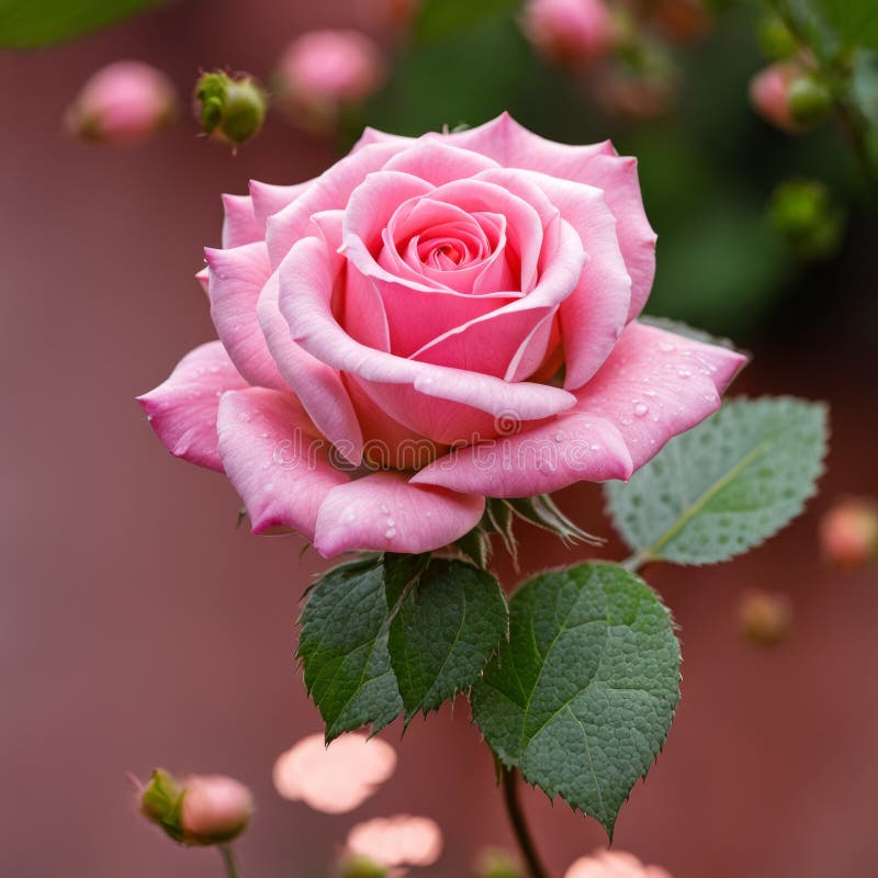 A Single Pink Rose with Leaves and Stems Covered in Dew Stock ...
