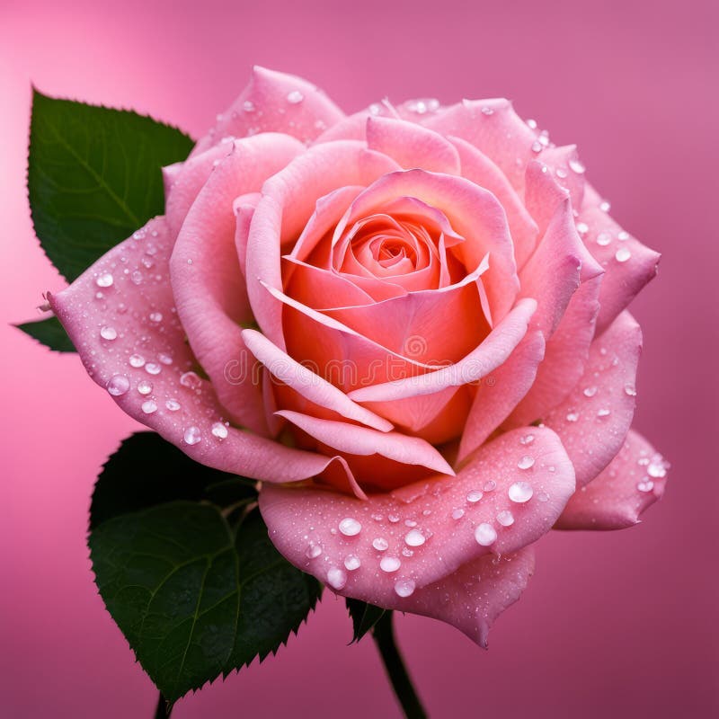 A Single Pink Rose with Leaves and Stems Covered in Dew Stock ...