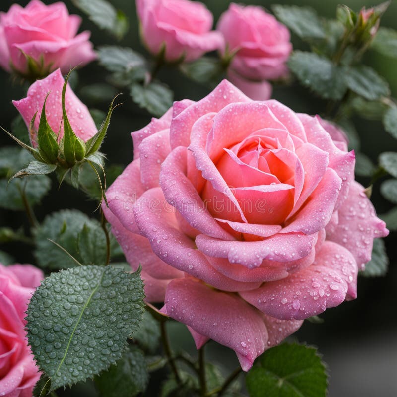A Single Pink Rose with Leaves and Stems Covered in Dew Stock ...