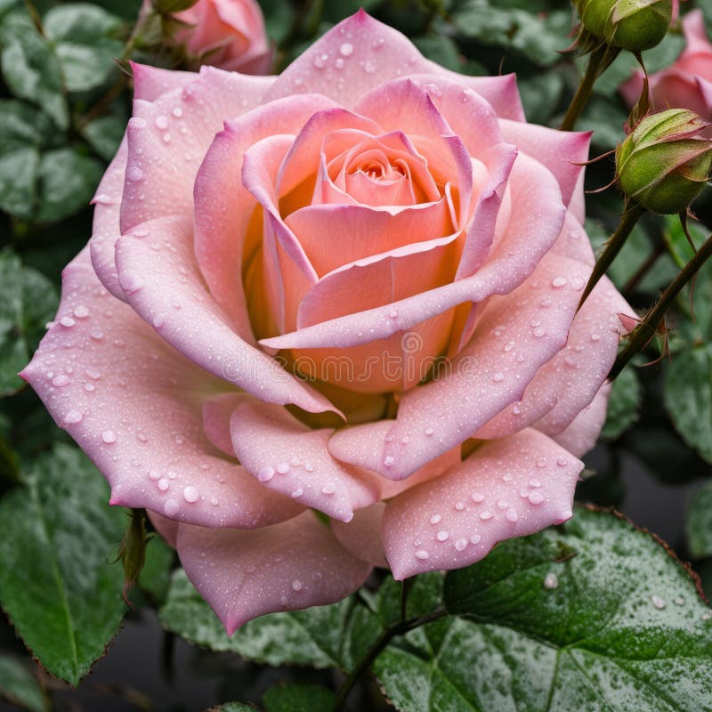 A Single Pink Rose with Leaves and Stems Covered in Dew Stock ...