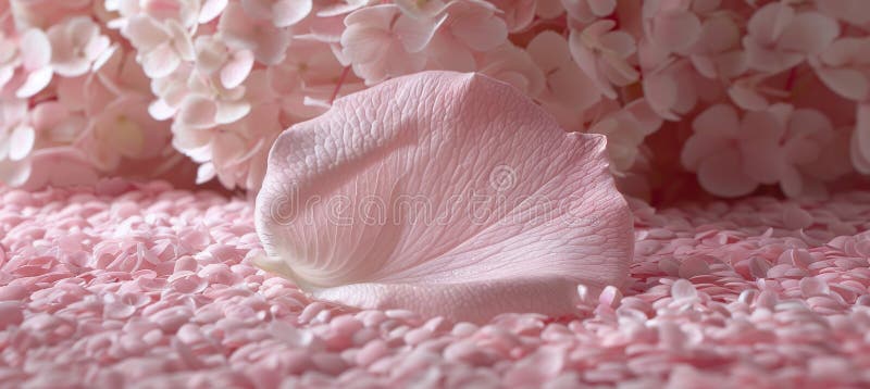 Single Pink Rose Petal on a Bed of Pink Petals with Hydrangea Flowers ...