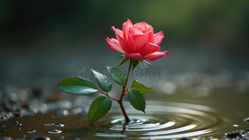 A Single Pink Rose Rises Elegantly from a Calm Puddle, with Water ...