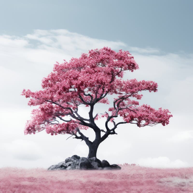 A Single Pink Tree in the Middle of a Field Stock Illustration ...