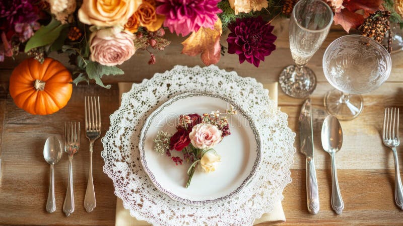 A Single Place Setting Decorated with Fall Flowers and a Pumpkin Stock ...