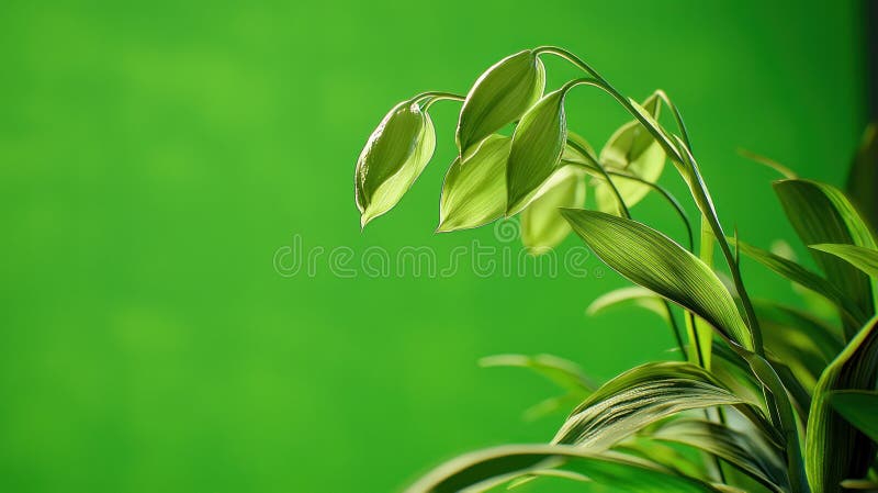 A Single Plant with Drooping Leaves on a Solid Green Background Stock ...