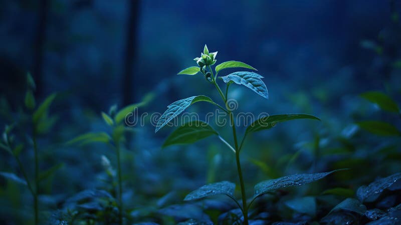 Single Plant Sprout in Dark Forest at Night Stock Image - Image of ...