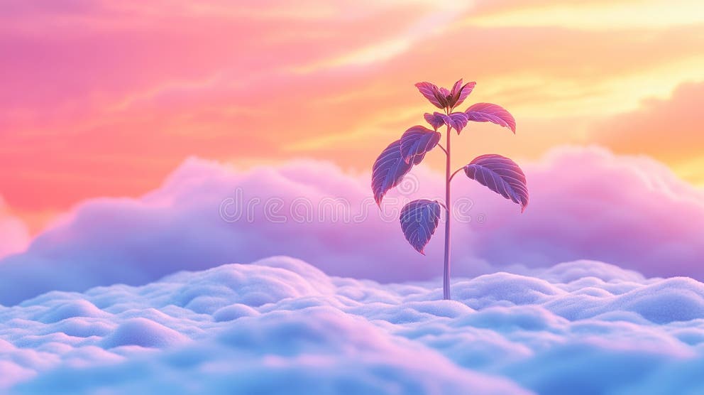 Single Plant Sprout Growing in Pastel Clouds at Sunset Stock Photo ...