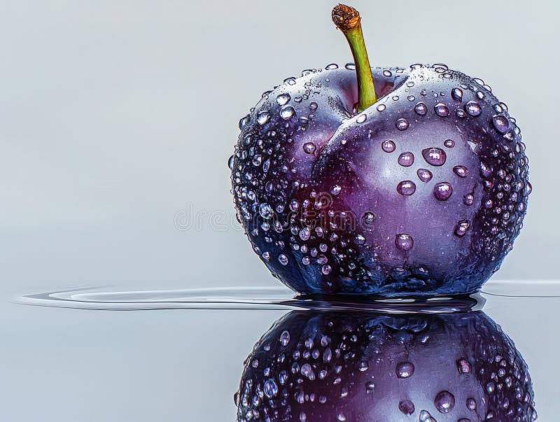 Single Plum with Water Droplets on Reflective Surface Stock Photo ...