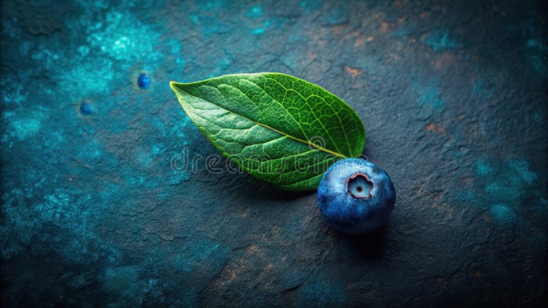 A Single Plump Blueberry Rests beside a Vibrant Green Leaf on a Dark ...